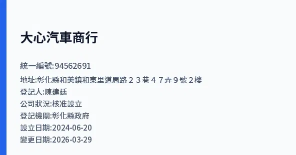 大心汽車商行的照片-統編 94562691(彰化縣) 公司登記資料與營業項目詳細圖表
