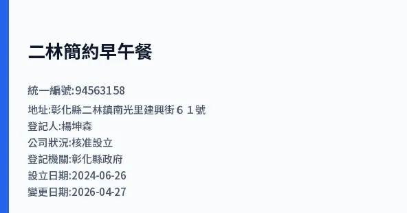 二林簡約早午餐的照片-統編 94563158(彰化縣) 公司登記資料與營業項目詳細圖表