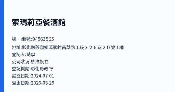 索瑪莉亞餐酒館的照片-統編 94563565(彰化縣) 公司登記資料與營業項目詳細圖表
