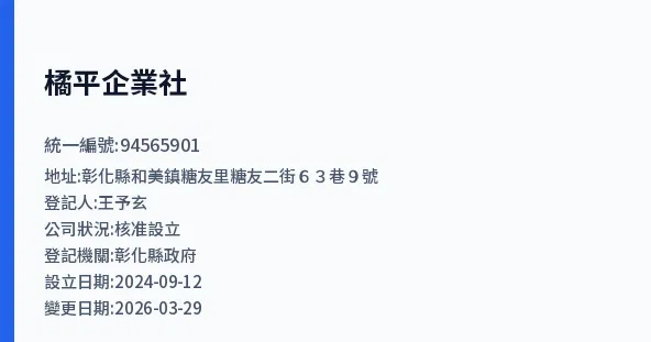 橘平企業社的照片-統編 94565901(彰化縣) 公司登記資料與營業項目詳細圖表