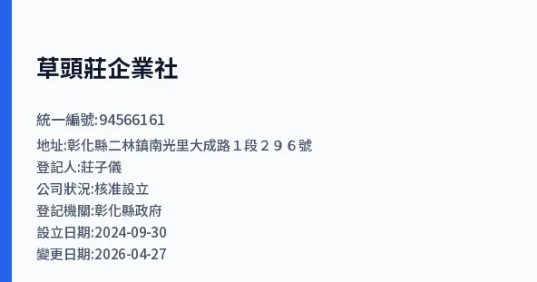 草頭莊企業社的照片-統編 94566161(彰化縣) 公司登記資料與營業項目詳細圖表