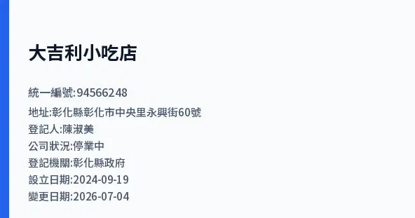 大吉利小吃店的照片-統編 94566248(彰化縣) 公司登記資料與營業項目詳細圖表