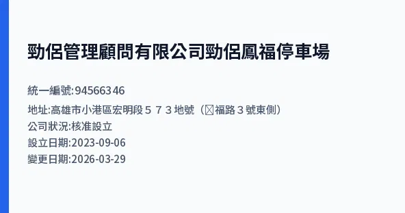 勁侶管理顧問有限公司勁侶鳳福停車場的照片-統編 94566346(高雄市) 公司登記資料與營業項目詳細圖表