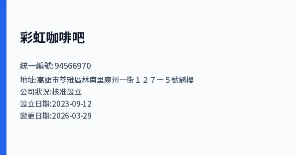 彩虹咖啡吧的照片-統編 94566970(高雄市) 公司登記資料與營業項目詳細圖表