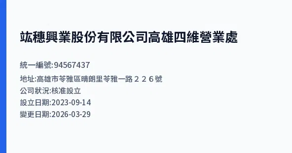 竑穗興業股份有限公司高雄四維營業處的照片-統編 94567437(高雄市) 公司登記資料與營業項目詳細圖表