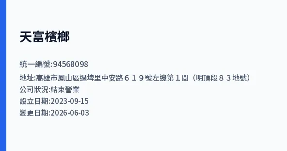 天富檳榔的照片-統編 94568098(高雄市) 公司登記資料與營業項目詳細圖表