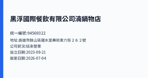 黑浮國際餐飲有限公司湳鍋物店的照片-統編 94569322(高雄市) 公司登記資料與營業項目詳細圖表