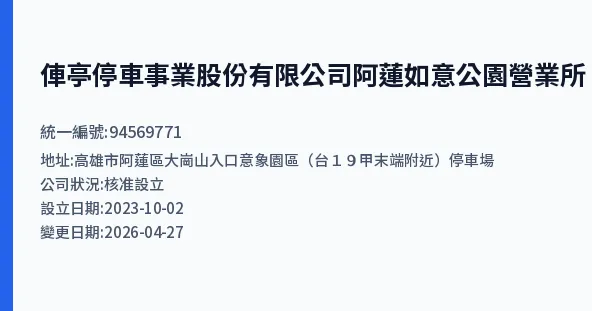 俥亭停車事業股份有限公司阿蓮如意公園營業所的照片-統編 94569771(高雄市) 公司登記資料與營業項目詳細圖表