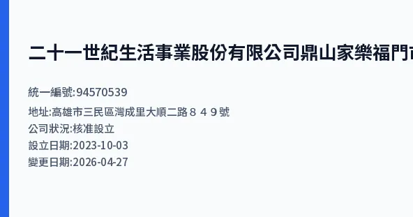 二十一世紀生活事業股份有限公司鼎山家樂福門市部的照片-統編 94570539(高雄市) 公司登記資料與營業項目詳細圖表