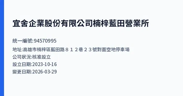 宜舍企業股份有限公司楠梓藍田營業所的照片-統編 94570995(高雄市) 公司登記資料與營業項目詳細圖表