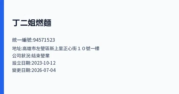 丁二姐燃麵的照片-統編 94571523(高雄市) 公司登記資料與營業項目詳細圖表
