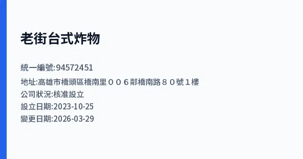 老街台式炸物的照片-統編 94572451(高雄市) 公司登記資料與營業項目詳細圖表