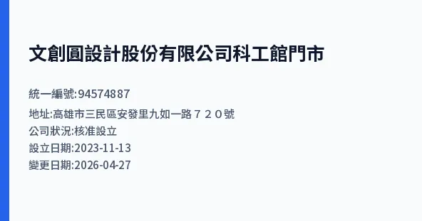 文創圓設計股份有限公司科工館門市的照片-統編 94574887(高雄市) 公司登記資料與營業項目詳細圖表