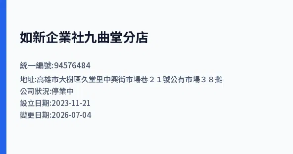 如新企業社九曲堂分店的照片-統編 94576484(高雄市) 公司登記資料與營業項目詳細圖表