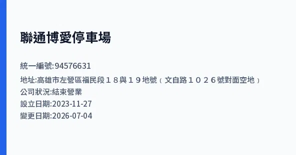聯通博愛停車場的照片-統編 94576631(高雄市) 公司登記資料與營業項目詳細圖表