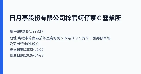 日月亭股份有限公司梓官蚵仔寮C營業所的照片-統編 94577337(高雄市) 公司登記資料與營業項目詳細圖表