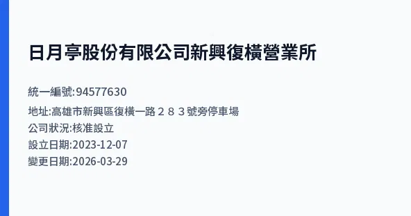 日月亭股份有限公司新興復橫營業所的照片-統編 94577630(高雄市) 公司登記資料與營業項目詳細圖表