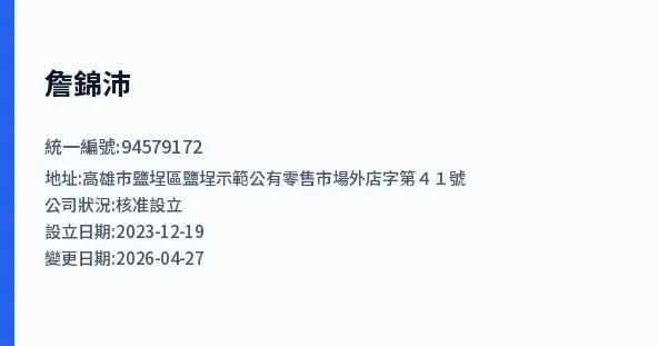 詹錦沛的照片-統編 94579172(高雄市) 公司登記資料與營業項目詳細圖表