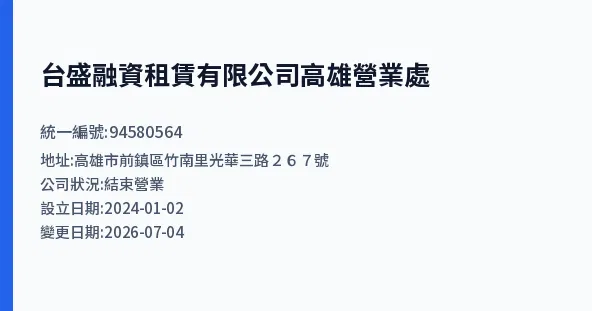 台盛融資租賃有限公司高雄營業處的照片-統編 94580564(高雄市) 公司登記資料與營業項目詳細圖表