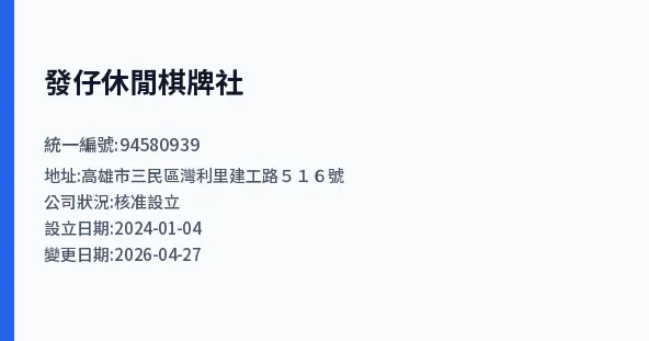 發仔休閒棋牌社的照片-統編 94580939(高雄市) 公司登記資料與營業項目詳細圖表