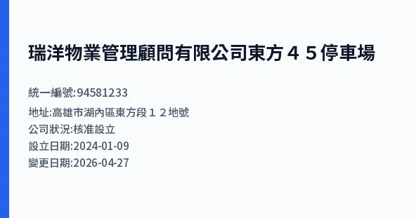 瑞洋物業管理顧問有限公司東方45停車場的照片-統編 94581233(高雄市) 公司登記資料與營業項目詳細圖表