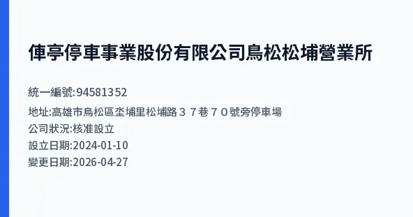 俥亭停車事業股份有限公司鳥松松埔營業所的照片-統編 94581352(高雄市) 公司登記資料與營業項目詳細圖表