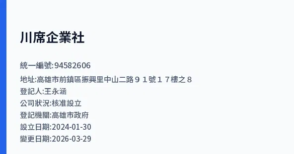 川席企業社的照片-統編 94582606(高雄市) 公司登記資料與營業項目詳細圖表