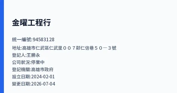 金曜工程行的照片-統編 94583128(高雄市) 公司登記資料與營業項目詳細圖表