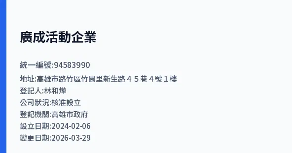 廣成活動企業的照片-統編 94583990(高雄市) 公司登記資料與營業項目詳細圖表
