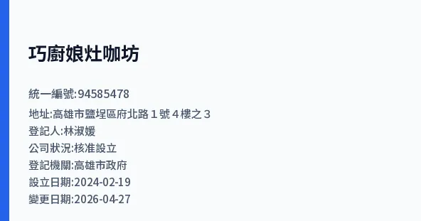 巧廚娘灶咖坊的照片-統編 94585478(高雄市) 公司登記資料與營業項目詳細圖表