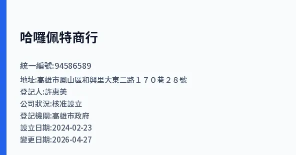 哈囉佩特商行的照片-統編 94586589(高雄市) 公司登記資料與營業項目詳細圖表