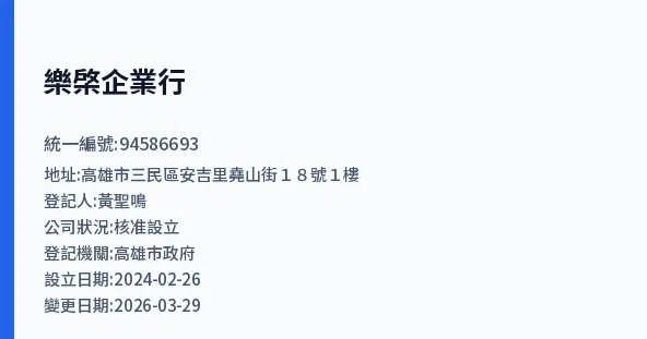 樂棨企業行的照片-統編 94586693(高雄市) 公司登記資料與營業項目詳細圖表