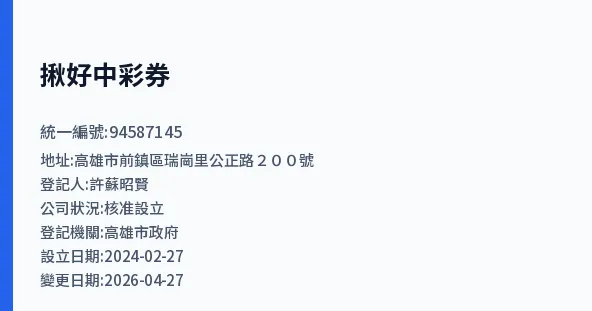 揪好中彩券的照片-統編 94587145(高雄市) 公司登記資料與營業項目詳細圖表
