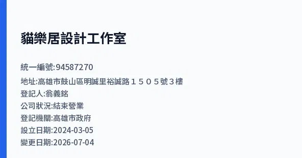 貓樂居設計工作室的照片-統編 94587270(高雄市) 公司登記資料與營業項目詳細圖表