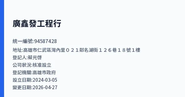 廣鑫發工程行的照片-統編 94587428(高雄市) 公司登記資料與營業項目詳細圖表