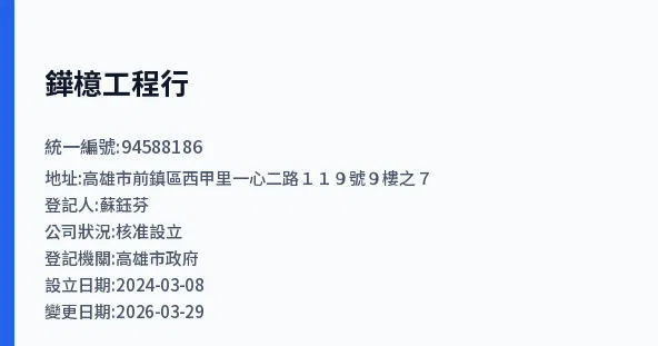 鏵檍工程行的照片-統編 94588186(高雄市) 公司登記資料與營業項目詳細圖表