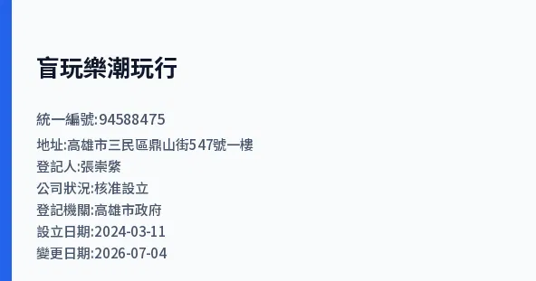 盲玩樂潮玩行的照片-統編 94588475(高雄市) 公司登記資料與營業項目詳細圖表