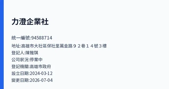 力澄企業社的照片-統編 94588714(高雄市) 公司登記資料與營業項目詳細圖表