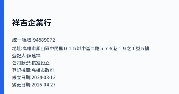 祥吉企業行的照片-統編 94589072(高雄市) 公司登記資料與營業項目詳細圖表