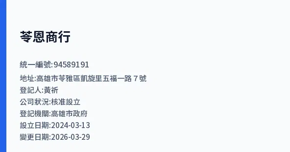 苓恩商行的照片-統編 94589191(高雄市) 公司登記資料與營業項目詳細圖表