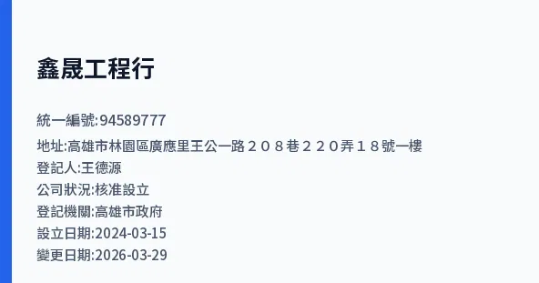 鑫晟工程行的照片-統編 94589777(高雄市) 公司登記資料與營業項目詳細圖表