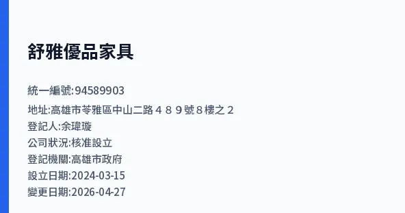 舒雅優品家具的照片-統編 94589903(高雄市) 公司登記資料與營業項目詳細圖表