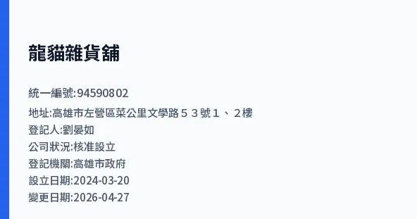 龍貓雜貨舖的照片-統編 94590802(高雄市) 公司登記資料與營業項目詳細圖表