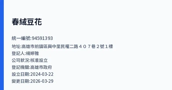 春絨豆花的照片-統編 94591393(高雄市) 公司登記資料與營業項目詳細圖表