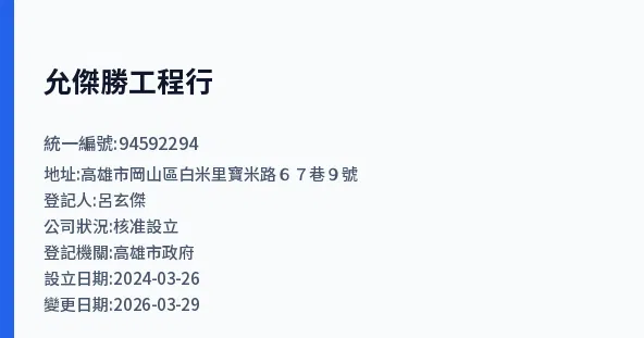 允傑勝工程行的照片-統編 94592294(高雄市) 公司登記資料與營業項目詳細圖表