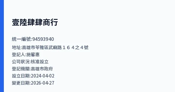 壹陸肆肆商行的照片-統編 94593940(高雄市) 公司登記資料與營業項目詳細圖表