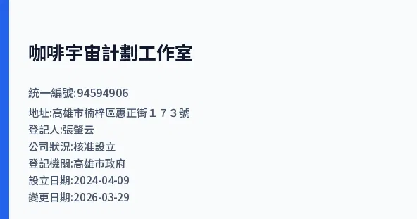 咖啡宇宙計劃工作室的照片-統編 94594906(高雄市) 公司登記資料與營業項目詳細圖表