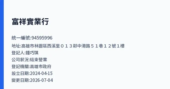 富祥實業行的照片-統編 94595996(高雄市) 公司登記資料與營業項目詳細圖表