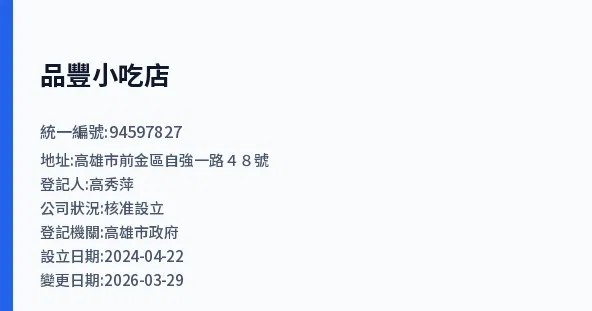 品豐小吃店的照片-統編 94597827(高雄市) 公司登記資料與營業項目詳細圖表