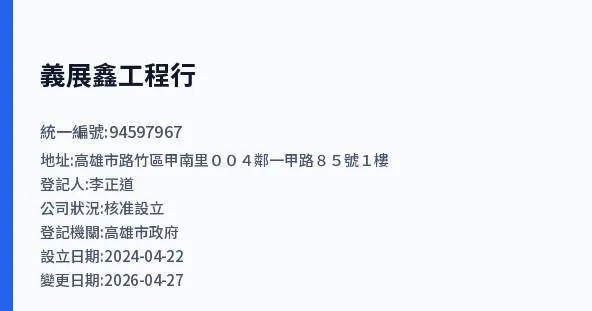 義展鑫工程行的照片-統編 94597967(高雄市) 公司登記資料與營業項目詳細圖表